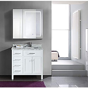 Krugg LED Medicine Cabinet 36 Inch X 36 Inch | Recessed or Surface Mount Mirror Cabinet w/Dimmer & Defogger + 3X Makeup Mirror Inside & Outlet + USB (Right Side Light)