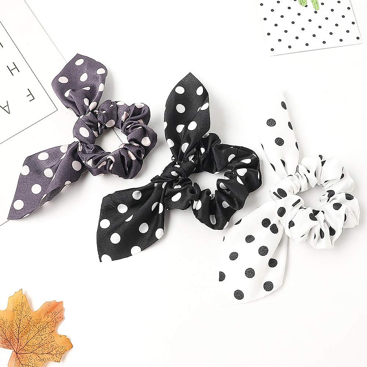 Scrunchies Hair Ties Silk Satin Scrunchy - Cute Bow Bunny Ear Hair Elastic Ponytail Holder Bobbles Soft Elegant Elastic Hair Bands with Tail Ribbon
