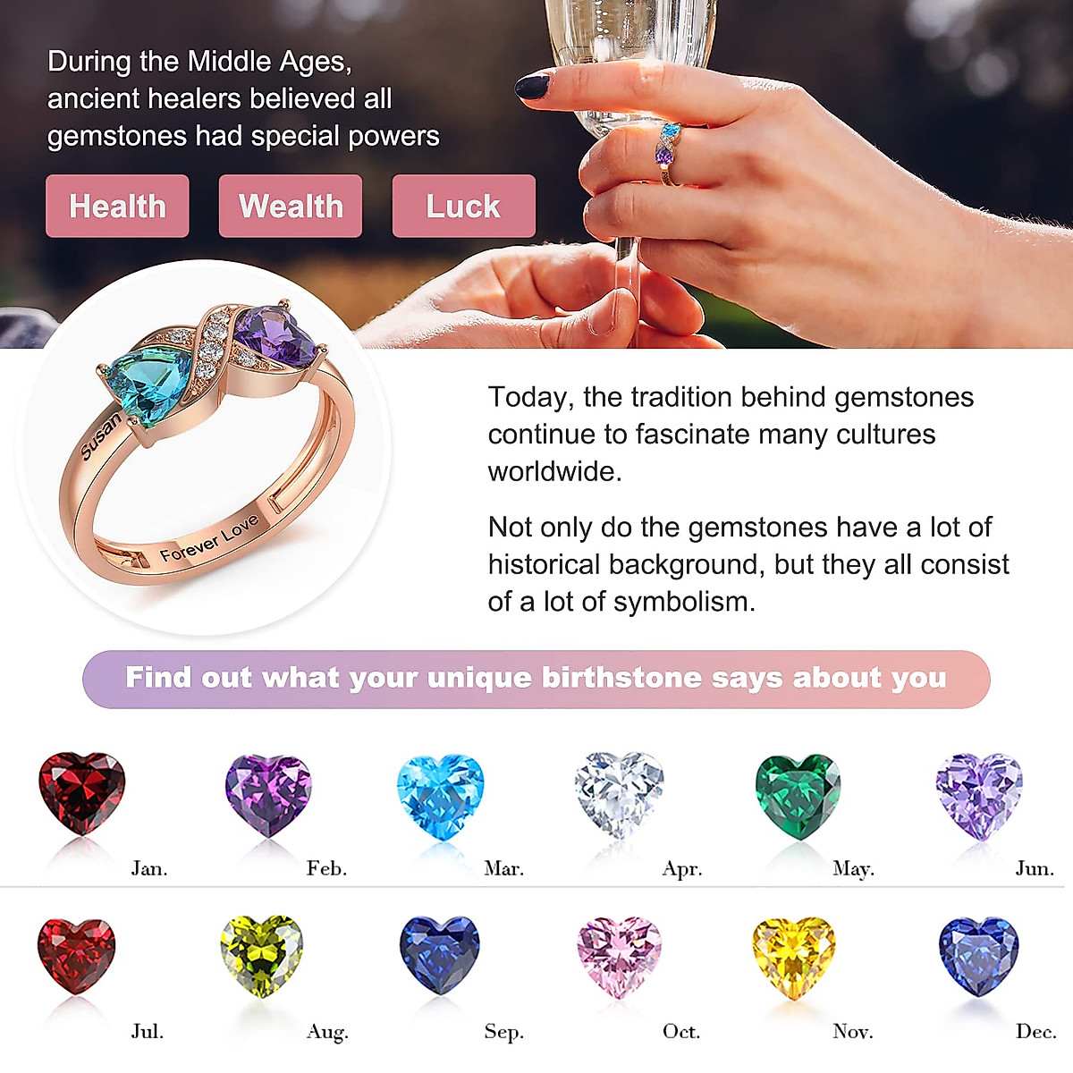 FenFang Mom Ring Personalized Mother Rings for Women with 2 Birthstones Infinity Promise Rings Custom 2 Name Rings Mothers Day Rings Mom Jewelry