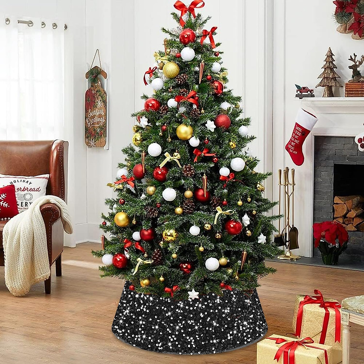 FOTSHARER Black Christmas Tree Collar 23.6 Inches Velvet Christmas Tree Skirt Metal Tree Collar Sequin Christmas Tree Ring Collar for Artificial Trees Rustic Tree Base Box for Xmas Home Ornaments