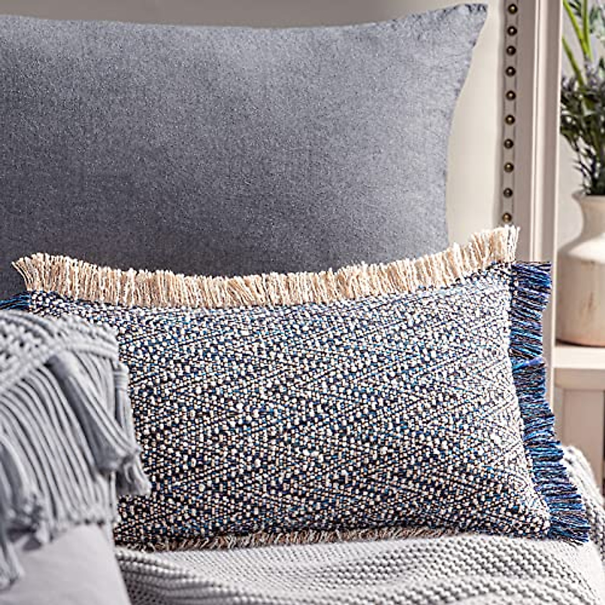 Phantoscope Decorative Boho Throw Pillow with Pillow Insert Included, Hand Woven Textured Pillow Cover with Fringe Trim, Modern Farmhouse Square Cushion Pillow, Dark Blue 12 x 20 Inches