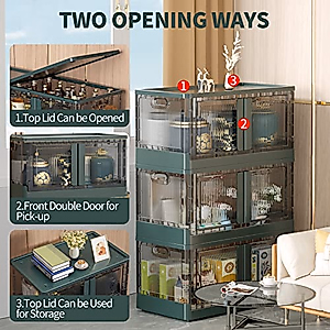 Sineda 3 Pack Plastic Storage Bins with Lids, 19 Gallon Collapsible Storage Bins with Wheels and Door, Stackable Storage Bins and Storage Bins for Closet Organizer. (19 Gal - 3 Pack, Green)