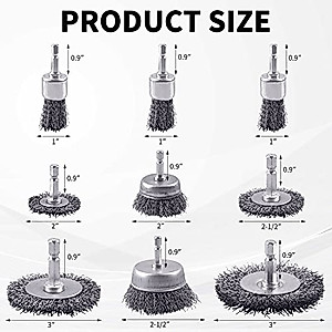 WENORA 9 Pcs Wire Brush Wheel for Drill, 0.012 Coarse Carbon Steel Crimping Wire Brush for Drill, 1/4 Inch Hex Shank, Wire Brush Drill Bit, Wire Brush for Rust Removal, Wire Brush Drill Attachments