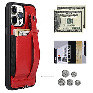 TOOVREN iPhone 13 Pro Max Case Wallet, Compatible with iPhone 13 Pro Max Case with Card Holder Kickstand Adjustable Detachable Necklace, iPhone Lanyard for iPhone 13 Pro Max 6.7 inch 2021 Red
