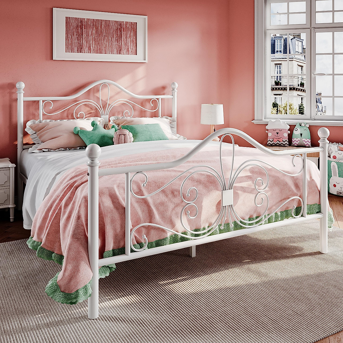 SHA CERLIN Full Size Bed Frame with Headboard,Metal Bed Frame with Butterfly Pattern Design Headboard & Footboard,No Box Spring Needed,Easy Assembly,White