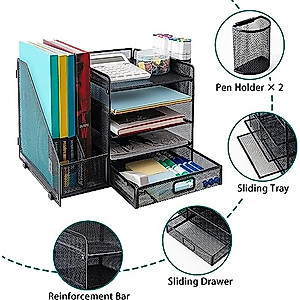 Metal Mesh Desk Organizer with 1 Sliding Drawer, 5 Horizontal Trays and 2 Vertical Sections, with 2 Spaces for Pencils and Accessories Black, assembles and disassembles in minutes to store or use