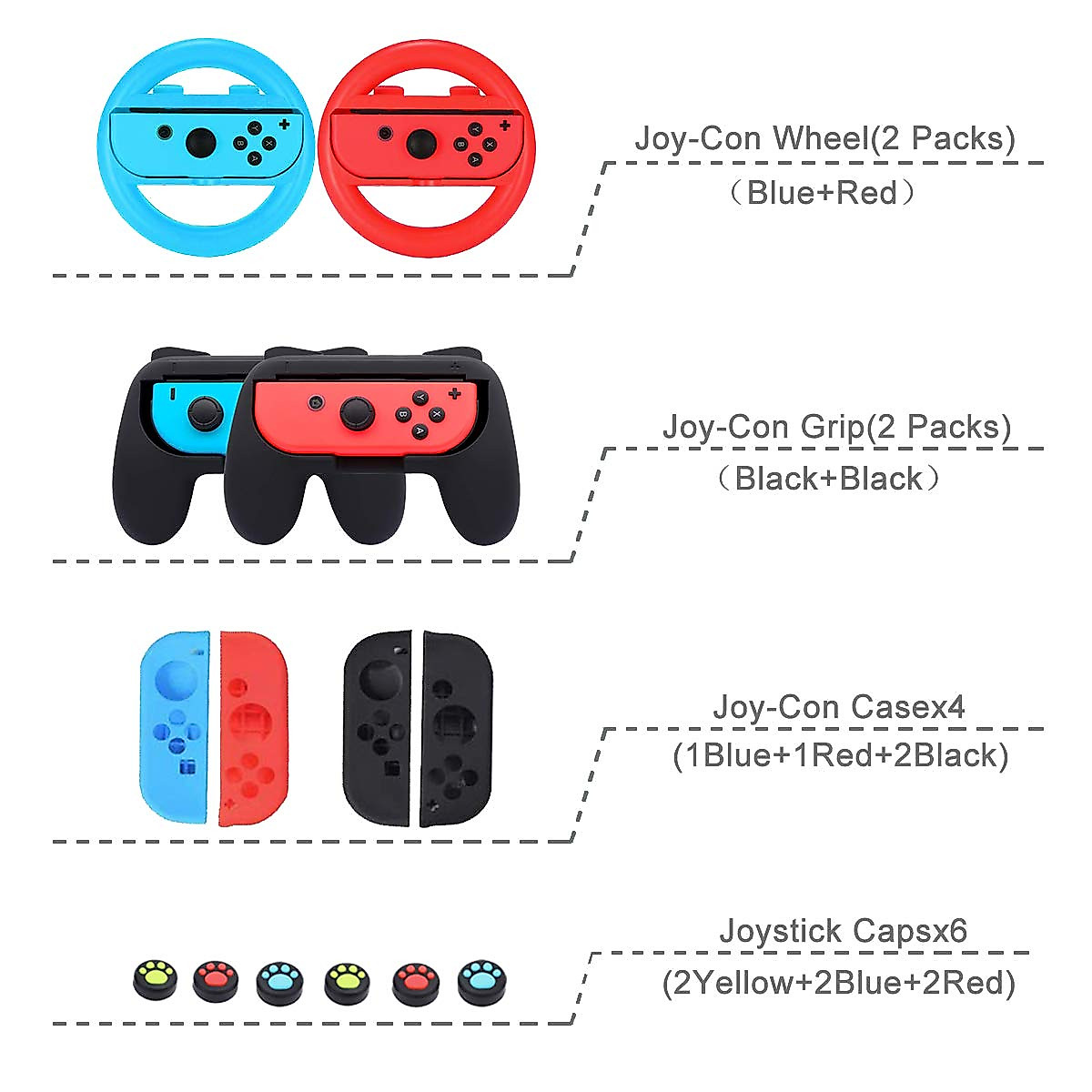 Switch Accessories Bundle, Kit with Carrying Case, Protective Case with Screen Protector, Compact Playstand,Game Case, Joystick Cap, Charging Dock, Grip and Steering Wheel for Nintendo Switch(20-in-1)