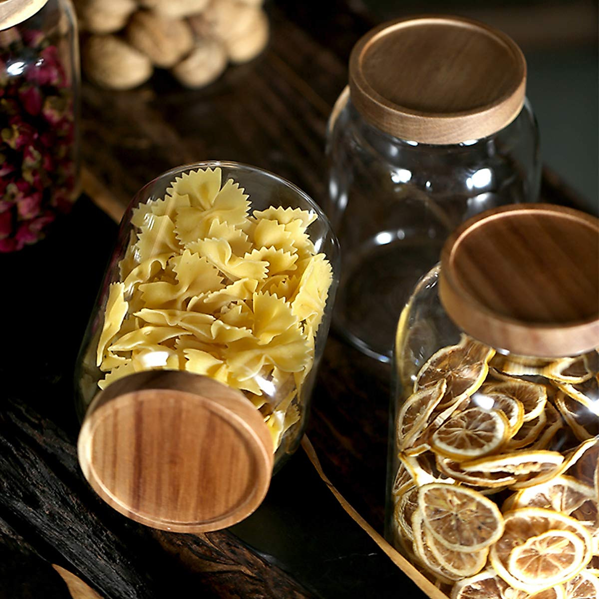 Bekith 2 Pack 42 FL OZ (1250ml) Glass Storage Jars with Wooden Lids, Glass Food Storage Container with Airtight Lid, Glass Pantry Canister for Beans, Rice, Sugar, Coffee and etc