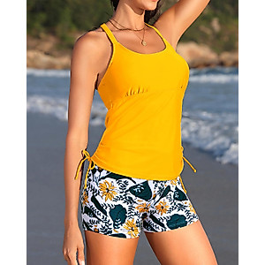 Yonique Two Piece Tankini Swimsuits for Women with Shorts Athletic Bathing Suits Tummy Control Swimwear Yellow Floral XL