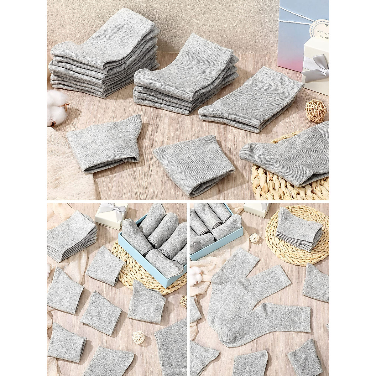 Vabean 60 Pairs Socks Bulk for Women and Men Cotton Crew Socks Adult Homeless Soft Calf Socks Anti Slip Moisture Wicking Hiking Socks, Size 6-11 (Gray)