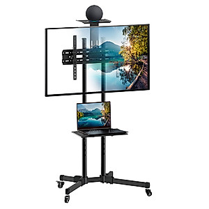 Mount-It! TV Cart Mobile TV Stand Wheeled Height Adjustable Flat Screen Television Floor Stands with Rolling Casters and Shelf, VESA Compatible TV Mount Bracket Fits Displays 37 to 70 Inch, 110 Lbs