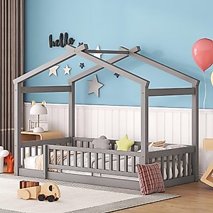 MERITLINE Twin House Bed for Kids Twin Montessori Floor Bed Frame with Rails and Roof, No Box Spring Needed, for Kids Teens Girls Boys (Twin Size, Gray)