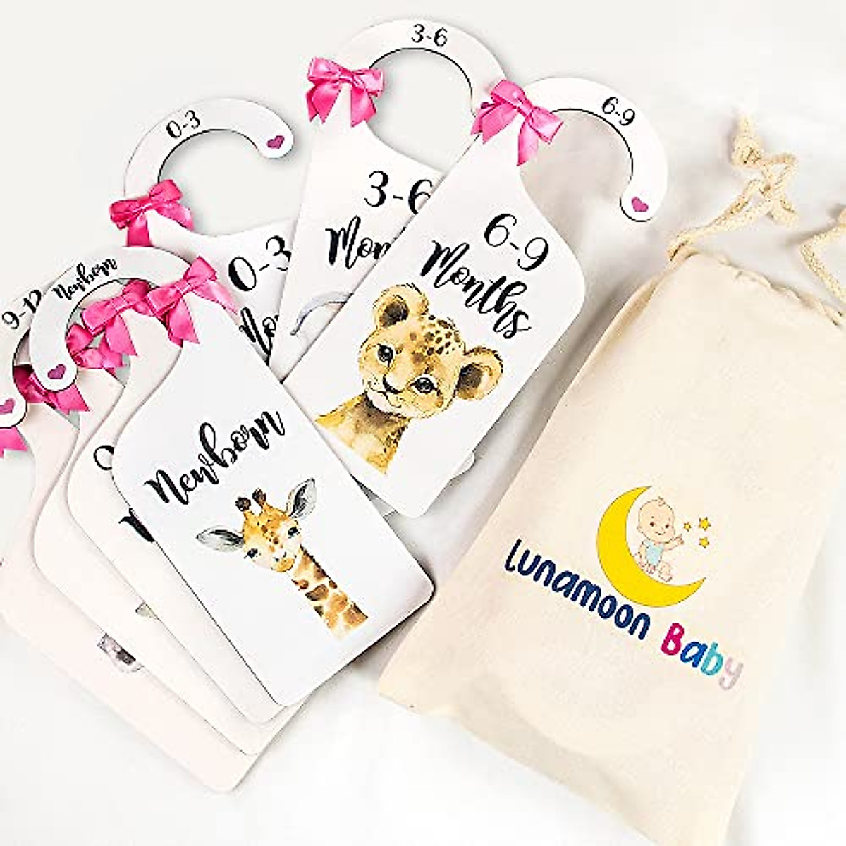 Double Sided Wood Closet Size Dividers for Baby girl Clothes Safari Animal Baby Clothing Size Age Dividers from Newborn Infant Nursery Closet Organizer with Ribbon, (0001)