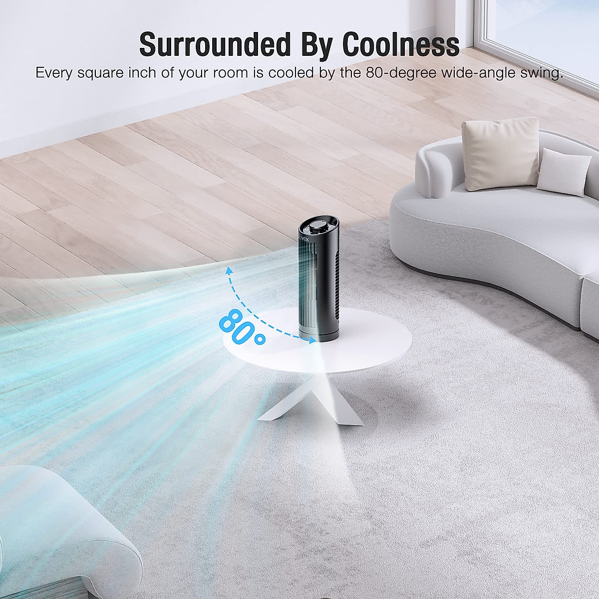 VCK Tower Fan, 80° Oscillating Fan with 3 Speeds, Fast Cooling, Quiet Operation, 13 Inch Portable Desk Fan, Personal Small Bladeless Fan for Bedroom Home Office Desktop