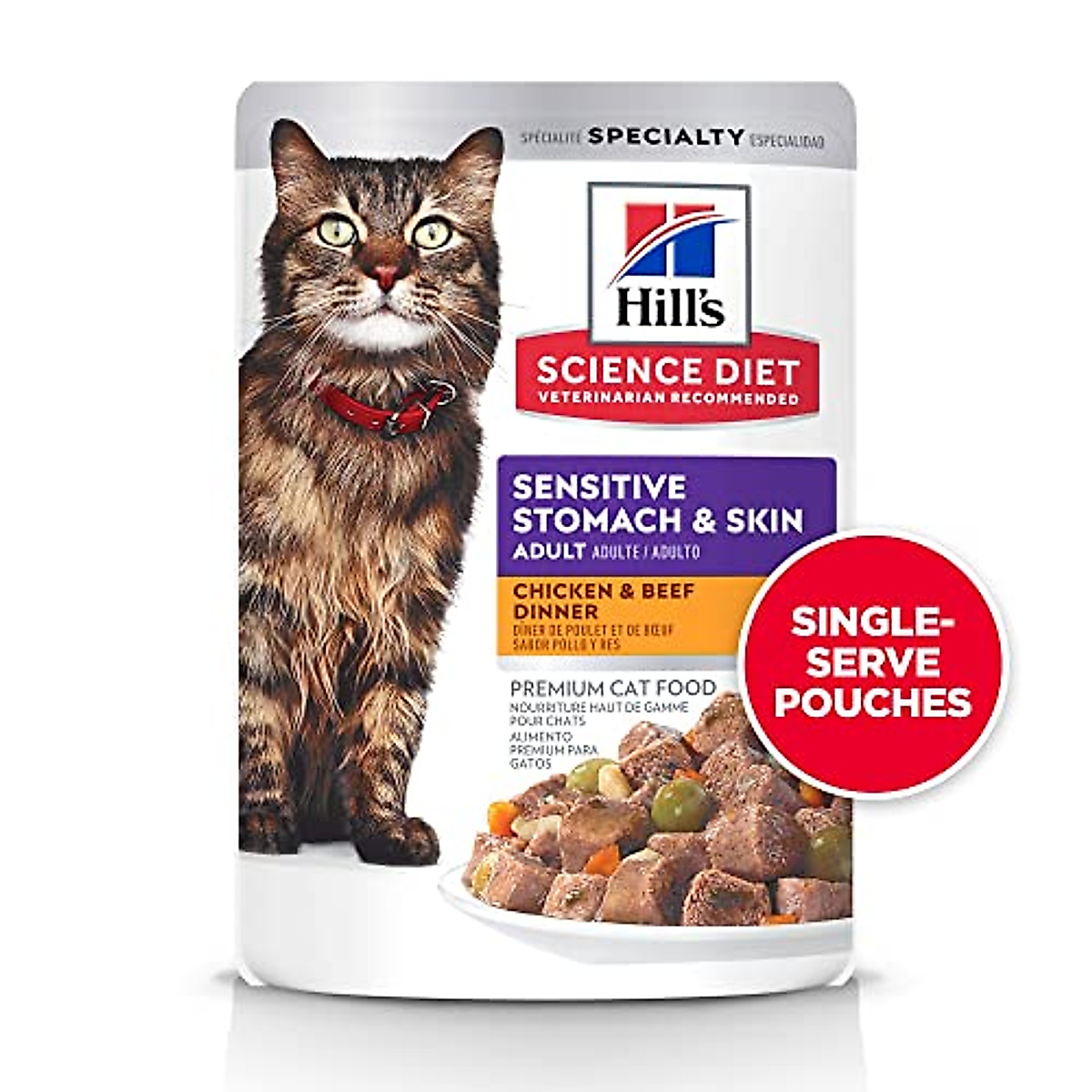 Hill's Science Diet Adult Sensitive Stomach & Skin Wet Cat Food Pouches, Chicken & Beef, 2.8 oz (Pack of 24)