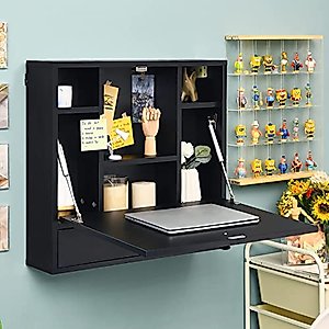 IFANNY Wall Mounted Desk, Wall Computer Desk w/Storage Drawer & Shelves, Compact Floating Desk for Wall, Space Saving Wall Desk Fold Down, Wall Desks for Small Spaces (Black)