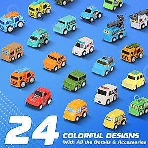 YiHee 24 Pieces Pull Back Cars Toy Vehicles Set, Mini Toys City Cars and Trucks, Variety of Vehicles and Figures, Small Car with Storage Bag, Party Favors Bulk Birthday Gift for Boys Girls Kids