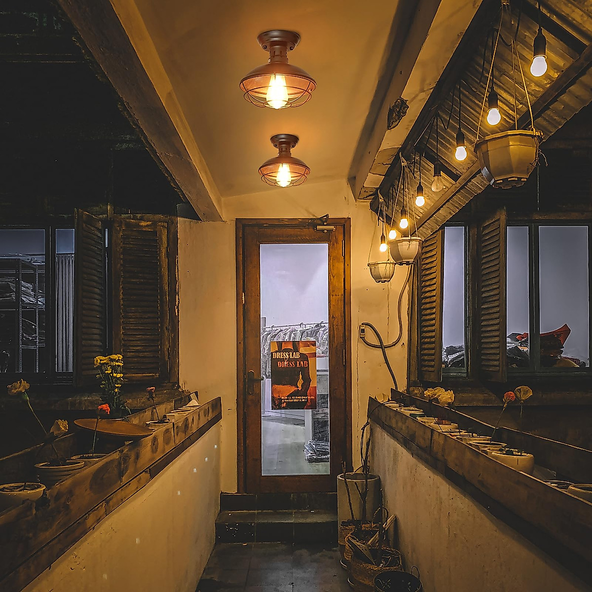 2 Pack Farmhouse Flush Mount Ceiling Light - Easric Industrial Ceiling Light Fixture Rustic Black Metal Cage Close to Ceiling Lamp E26 Base for Hallway Foyer Kitchen Porch