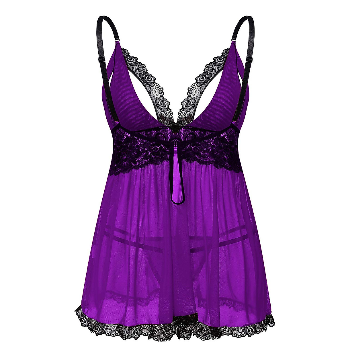 Donnalla Women's Sexy Plus Size Lingerie - Split Cup Lace Babydoll Sleepwear Chemise Set (Purple,XXL)