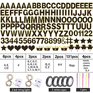 143 Pcs DIY Letter Banner Glitter Customizable Banner Kit Make Your Own LED Banner Include 87 Letters, 20 Numbers 24 Symbol 5 Rope 5 Needles and 2 String Lights for Happy Birthday Party