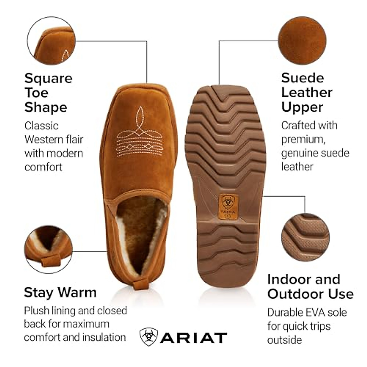 ARIAT Men's Square Toe Indoor & Outdoor Rubber Bottom Lasso Suede Slippers, Chestnut, 13