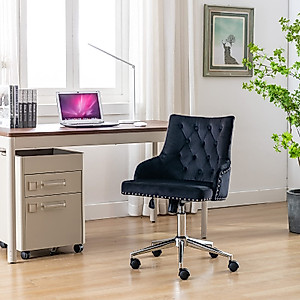 Freemax Velvet Desk Chair Tufted Office Chair with Wheels Accent Vanity Chair Fabric Task Swivel Armchair for Bedroom Living Room Black