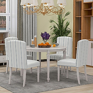 FIQHOME 5 Pieces, Round Solid Wood Legs and 4 Striped Fabric Upholstered Chairs, Set for 4, Dining Table for Small Spaces, Apartment,White