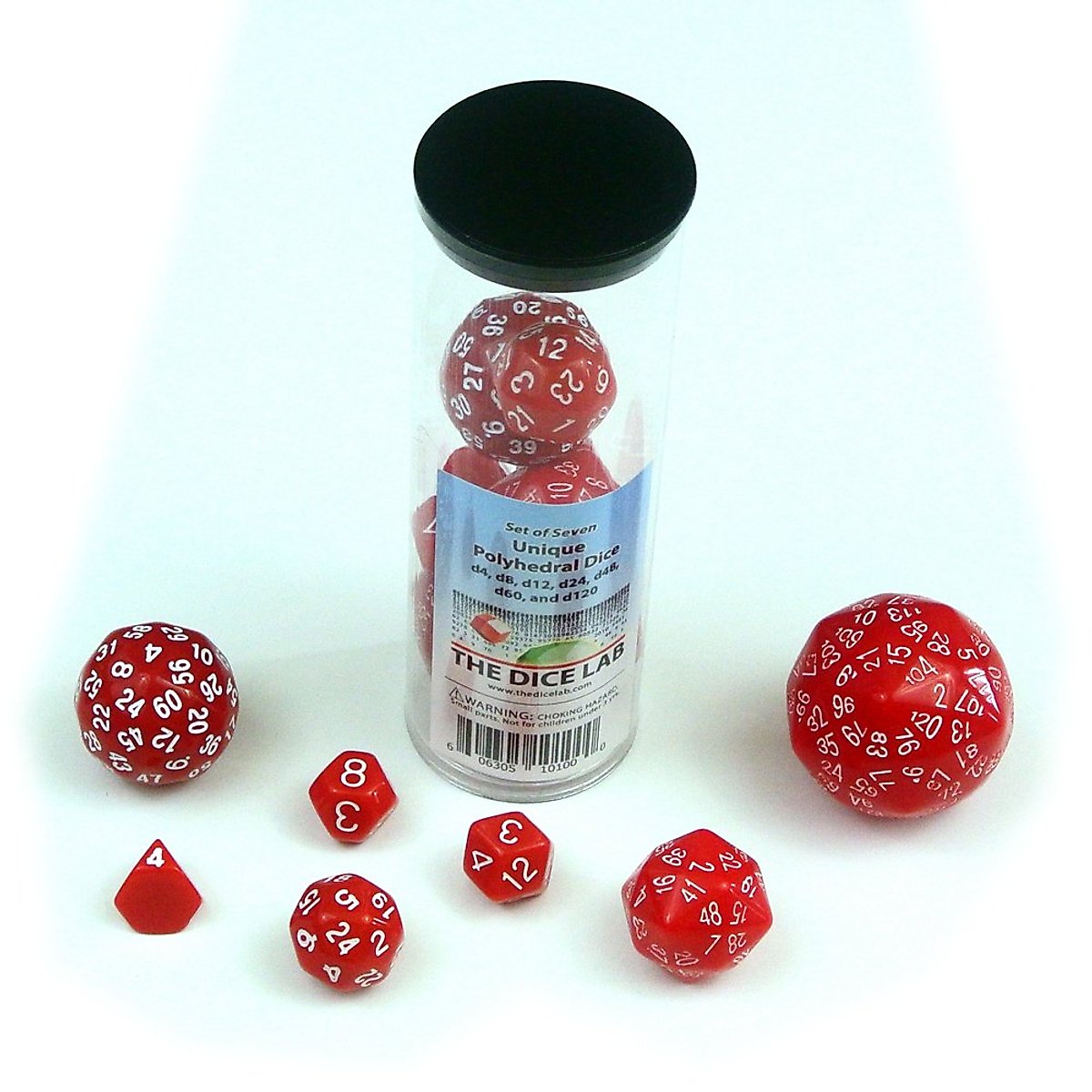 Set of Unique Dice: d4, d8, d12, d24, d48, d60, and d120 in Red