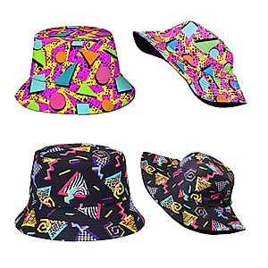 6 Pack Retro 80s 90s Bucket Hats for Men Women, Funny Retro Party Hats, Vintage Print Fisherman Hats for Disco Hip hop Party, Unisex Reversible Portable Hat Outdoor Fashion Sun Cap Colorful