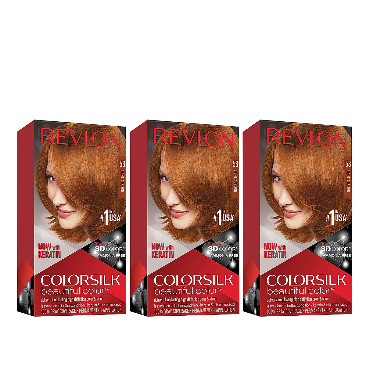 Revlon Colorsilk Beautiful Color, Permanent Hair Dye with Keratin, 100% Gray Coverage, Ammonia Free, 51 Light Auburn (Pack of 3)