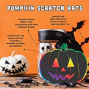 Neliblu Halloween Scratch Art Trick or Treak Paper Crafts Kit Bulk Pack of Halloween Pumpkins with Magic Rainbow Colors - 24 Pumpkin Ornaments, 24 Scratch Sticks, 24 Ribbons