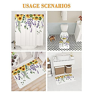 MUSEDAY 4Pcs Shower Curtain Sets with Non-Slip Bath Rugs, Absorbent Toilet Lid Cover Flowers Durable Waterproof Bath Curtain Decor Set Sunflower Lavender Flower Eucalyptus Leaves