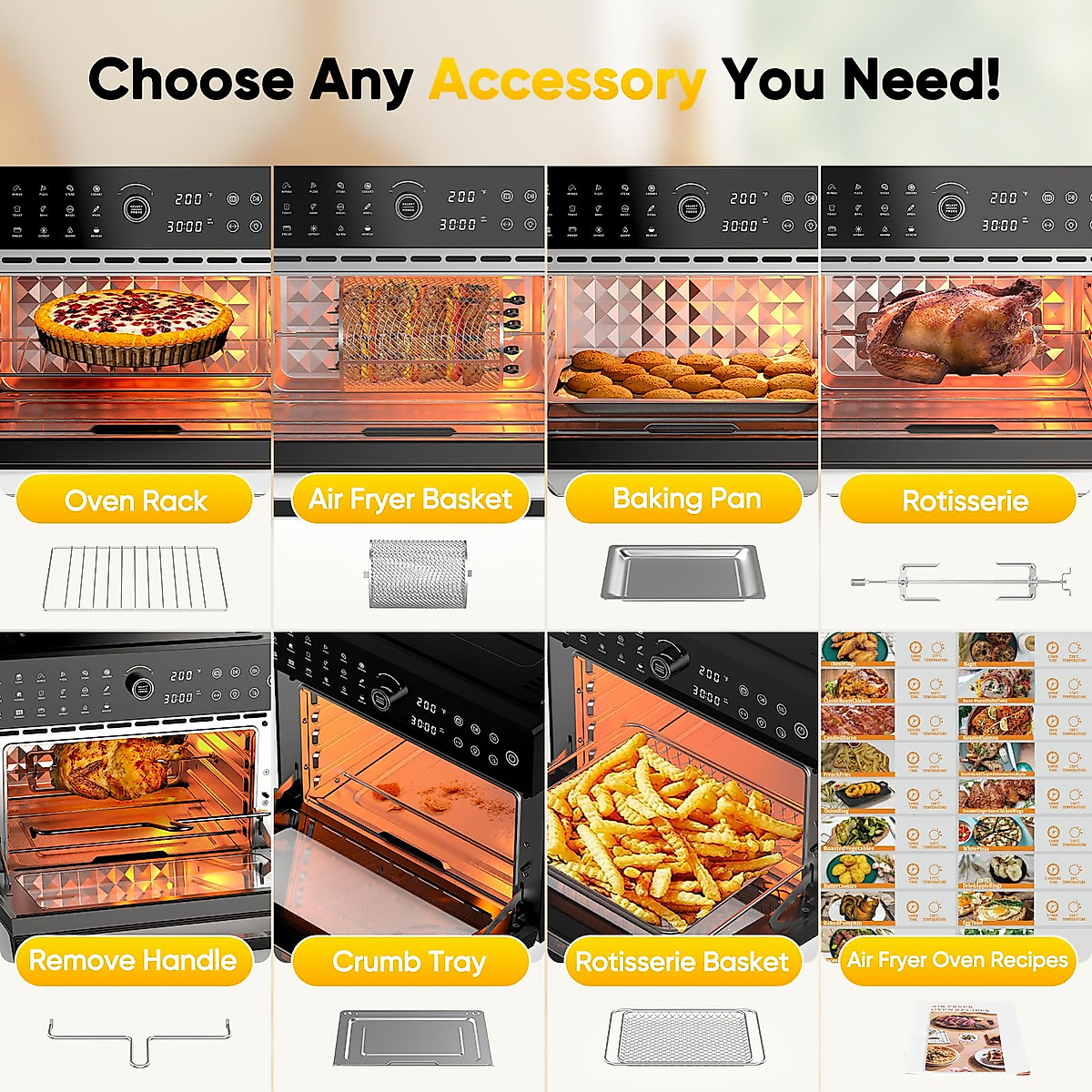 32QT Extra Large Air Fryer, Toaster Oven Air Fryer Combo, 360°Hot Air Circulation for Healthier Food, 1800W Preset Dual Cook, 13"Pizza Cooking, 20-in-1 Double-Rack Oven, 7-Accessory, Transparent Door