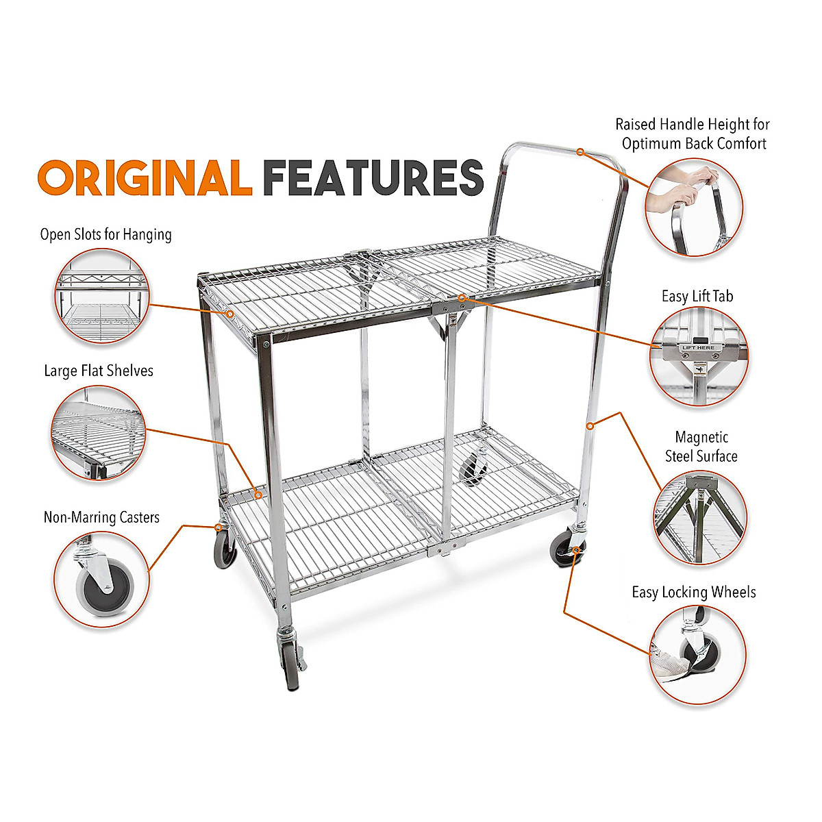 Stand Steady Original Tubstr Collapsible 2 Shelf Wire Cart, Easy to Push Heavy Duty Rolling Utility Cart, Holds 200 Pounds & Folds Up for Storage, Commercial Grade (Chrome, 33.75in x 19.5in x 39.5in)