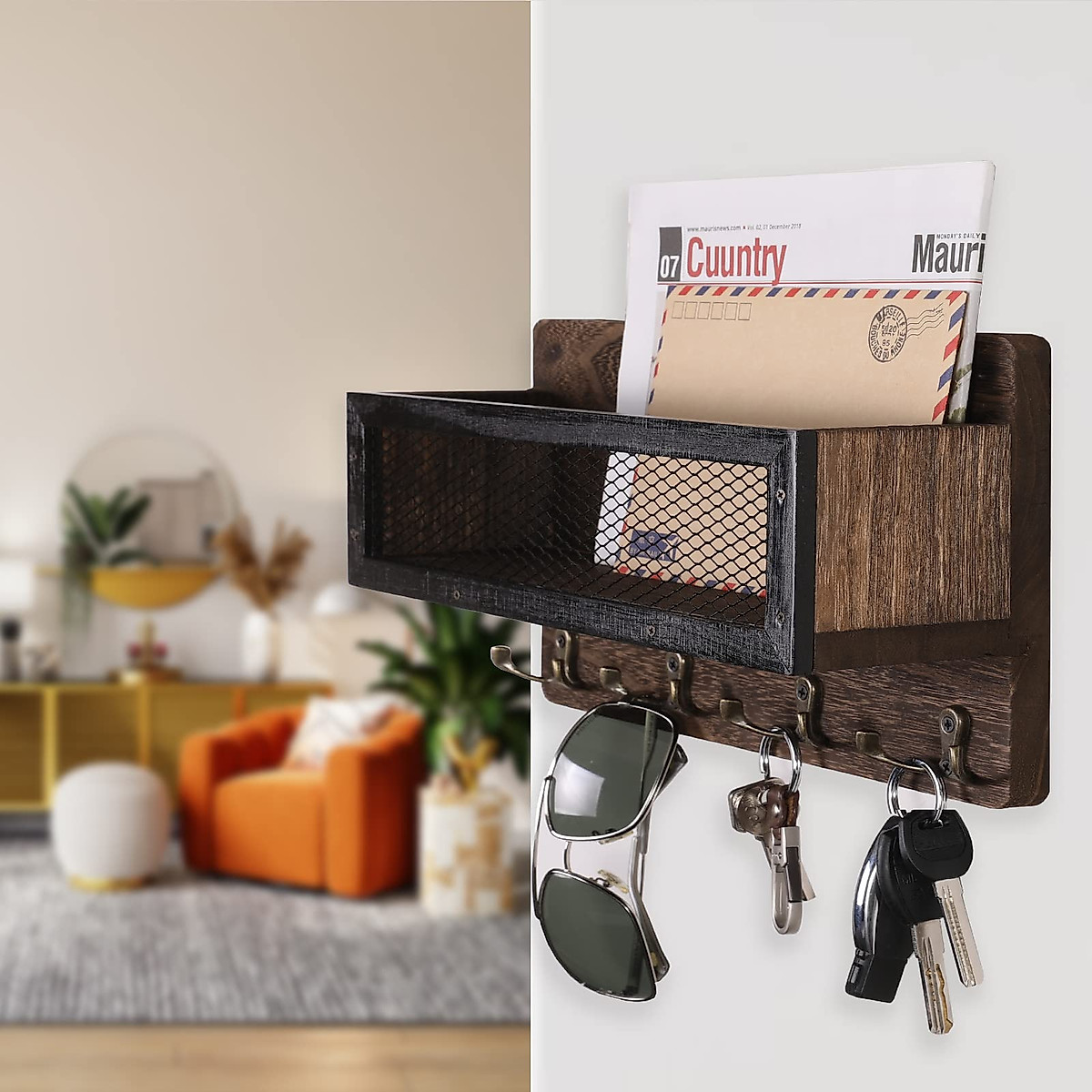 ADIIL Mail and Key Holder for Wall Decorative, Wooden Wall Key Rack Organizer with 4 Double Key Hooks, Wall Mount Key Hanger for Wall with Shelf, Rustic Home Decor for Entryway Hallway, Brown