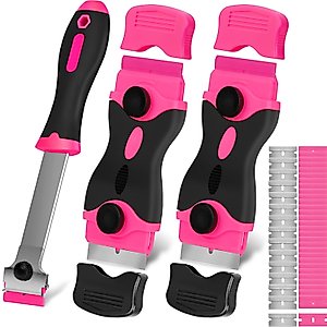 Razor Blade Scraper, THINKWORK 3Pcs Pink Razor Scrapers with 15pcs Metal and 30pcs Plastic Blades, Scraper Tool for Cleaning Paint, Decals, Adhesive, Caulk, Stickers, Glass, Labels, Window, Stovetop
