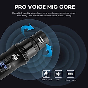 Wireless Microphone, Professional UHF Metal Double Cordless Dynamic Mic Handheld Microphone, Infrared Frequency Pairing Microphone System For Home Karaoke, DJ, Conference, Party, Wedding, Church 200FT