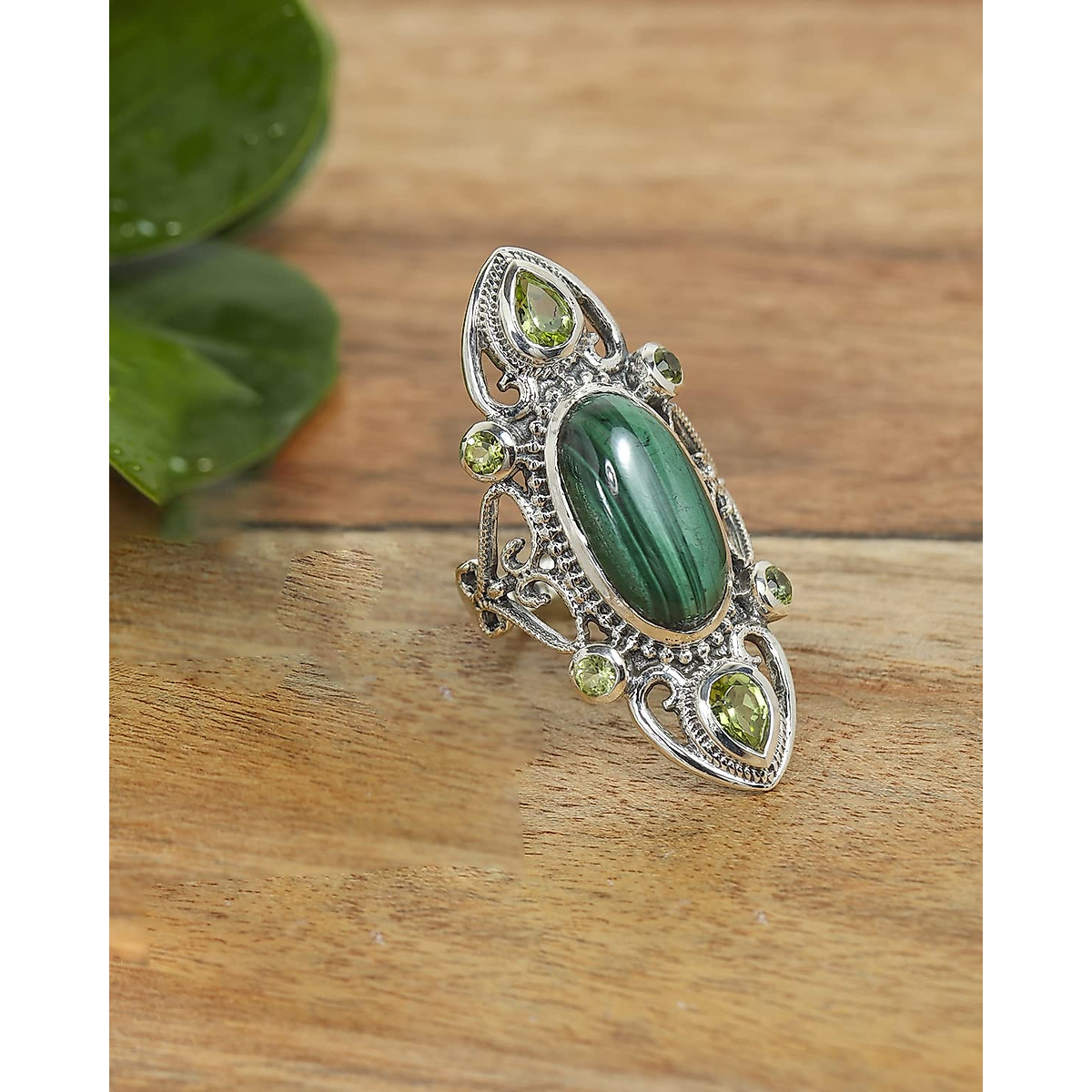 YoTreasure Malachite & Peridot Bold Ring in 925 Sterling Silver Jewelry Gifts For Women's
