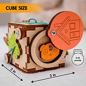 Wooden Activity Cube for Toddlers 1-3 Year - 6in1 Owl Puzzles Maze 3.15 х 3.15 inch - Sensory Busy Board – Travel Car Plane Handmade Fidget Toys – Baby Kids Montessori Activities