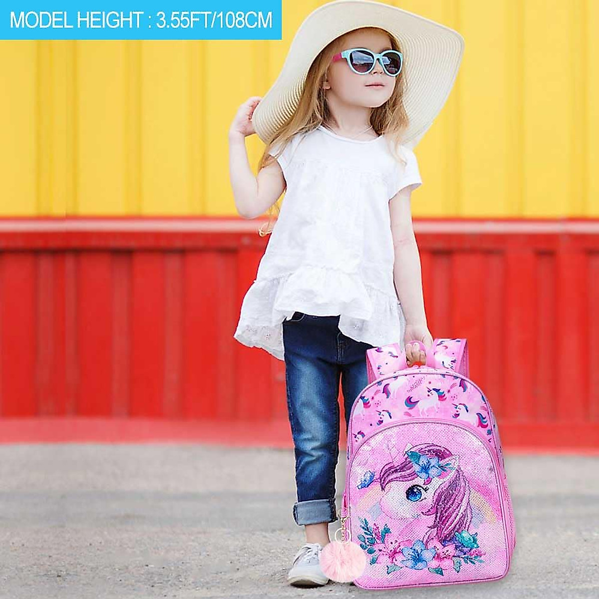 UFNDC 3PCS Unicorn Backpack for Girls, 16”Kids Sequin Bookbag with Lunch Box, School Bag for Elementary Toddler