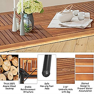 Tangkula 7 Pieces Patio Dining Set, Acacia Wood Wicker Dining Furniture Set with Steel Frame & Umbrella Hole, Outdoor Dining Table Chair Set with Removable Cushions for Backyard, Garden (Turquoise)