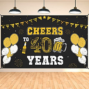 DARUNAXY 40th Birthday Black Gold Party Decorations, Cheers to 40 Years Banner for Men 40 Year Old Birthday Party Supplies, Large Fabric 40 Birthday Backdrop Photography Background for Women