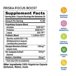 FRISKA Energy Boost Enzyme and Probiotics Supplement, Promotes Better Digestion and Energy for Men and Women, Gut Health, 30 Capsules