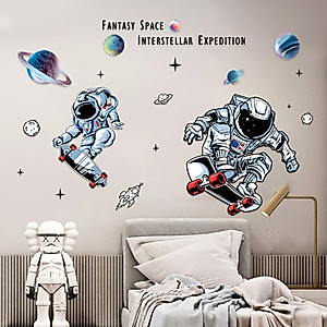 VJSTALS DIY Cartoon Astronaut Wall Sticker Fantasy Interstellar Expedition Skateboard Outer Spaceman Wall Decals for Boys Girls Kids Room Playroom Decoration, 11.8 inches x35.4 inches