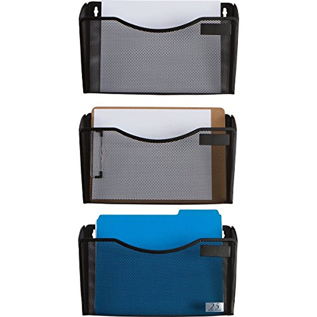 3 Pocket Wall Mount File Hanging Organizer, Metal Mesh Office Home Folder Binder Holder Magazine Mail Sorter Rack + Hardware, Black