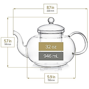 Teabloom Heatproof Glass Teapot Set with Removable Loose Tea Infuser (Standard Size: 32oz/946ml) and Four Borosilicate Glass Teacups (7oz/207ml) - Lead-free Blossoms Glass Tea Set