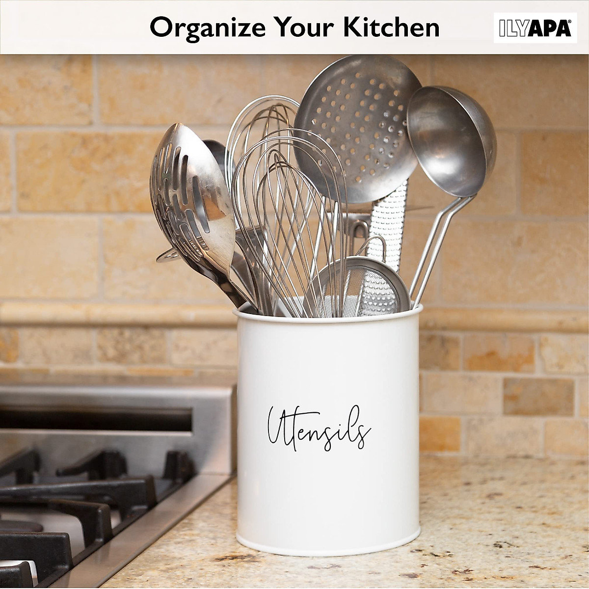 Ilyapa White Utensils Holder, Farmhouse Utensil Holder, Countertop Caddy Cooking Utensil Organizer, Galvanized Crock, White Kitchen Decor for Countertops 5.5" x 6.75"