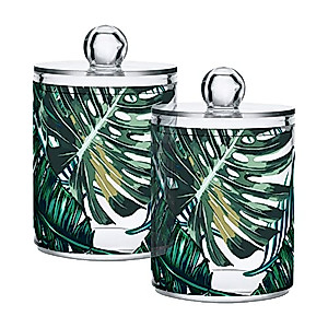 2 Pack Qtip Holder Dispenser for Cotton Ball Palm Tree Tropical Jungle Leaf Cotton Swab Cotton Round Pads Clear Plastic Acrylic Jar Set Bathroom Canister