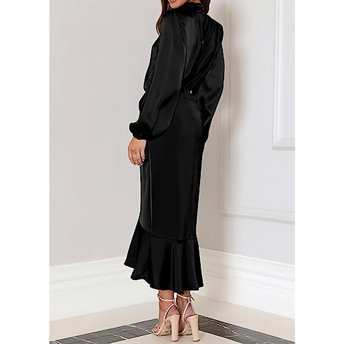 KIRUNDO Women's Fall Satin Mock Neck Wedding Guest Cocktail Midi Dress Long Sleeve Wrap Ruched Ruffle Formal Dresses(Black, Large)