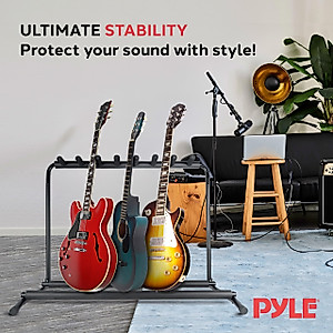 Pyle Multi-Guitar Stand 7 Slot Display Rack - Universal Framework Designed for Electric, Acoustic, Bass Guitars & Cases - Foldable, Portable, and Protective with No-Slip Non-Scratch Padding - Black